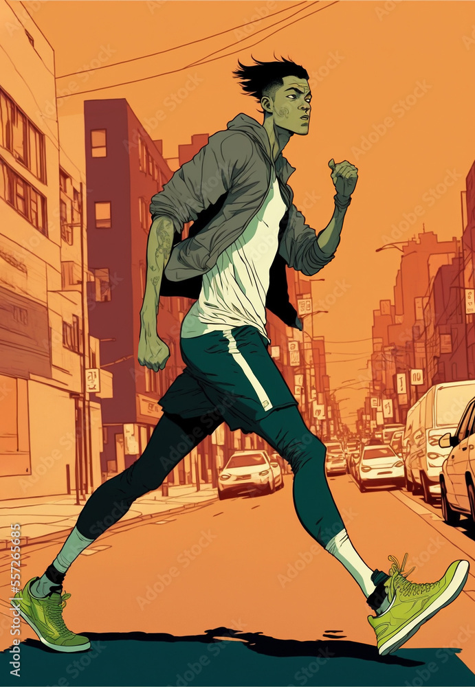 ภาพประกอบสต็อก Young black man in sports outfit crossing a street ...