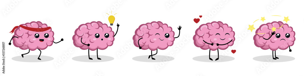 Set of cute pink brains in cartoon style. Vector illustration of the ...