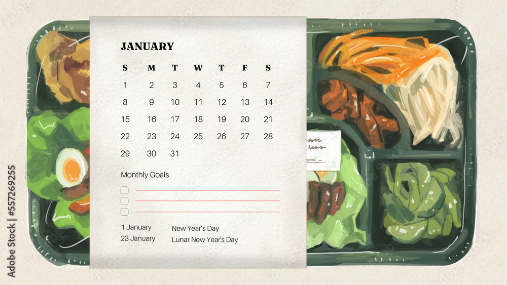 Year 2023 Food Theme Calendar. Lunch Tray Illustration Calendar 2023 ...