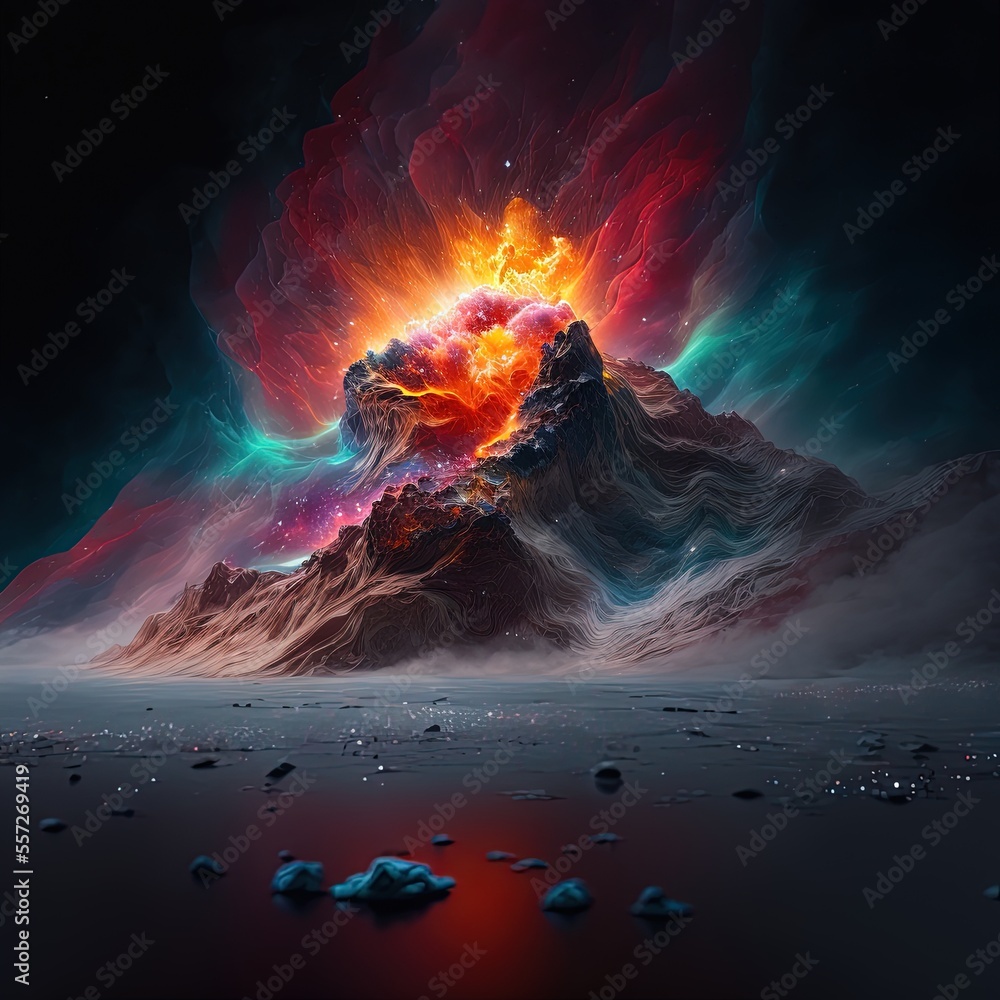 A glorious galaxy rising from the surface of a ocean planet, a nebulae ...