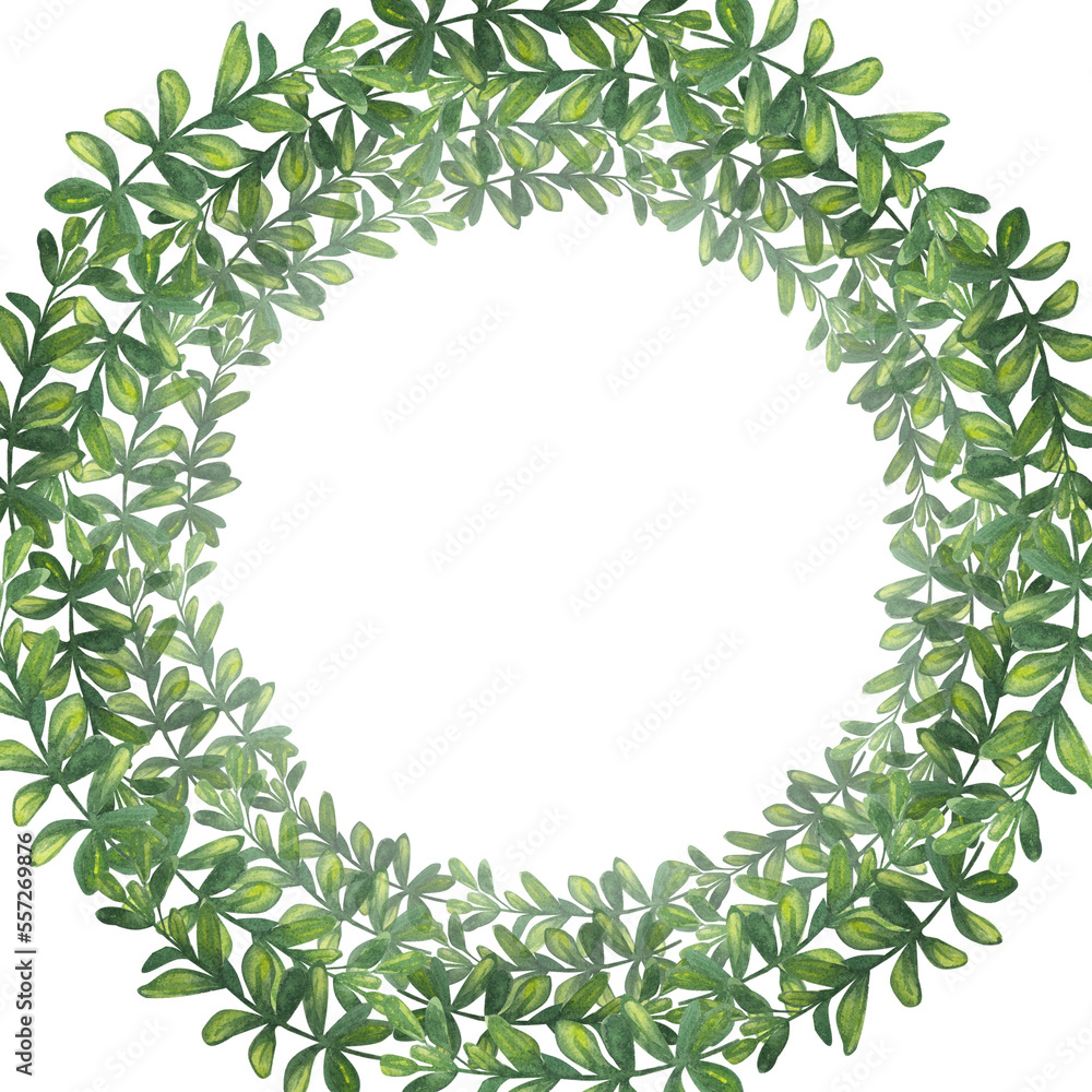 Doodle green foliage round frame. Hand-drawn watercolor illustration ...