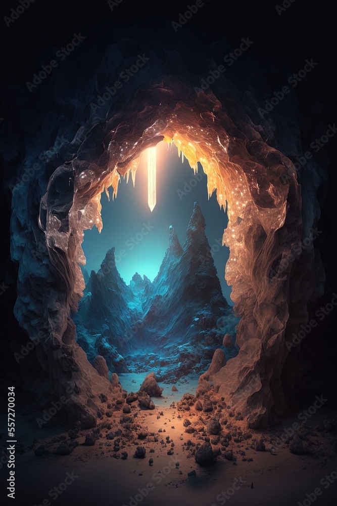 A beautiful fantasy environment of a mystical cavern with magical ...