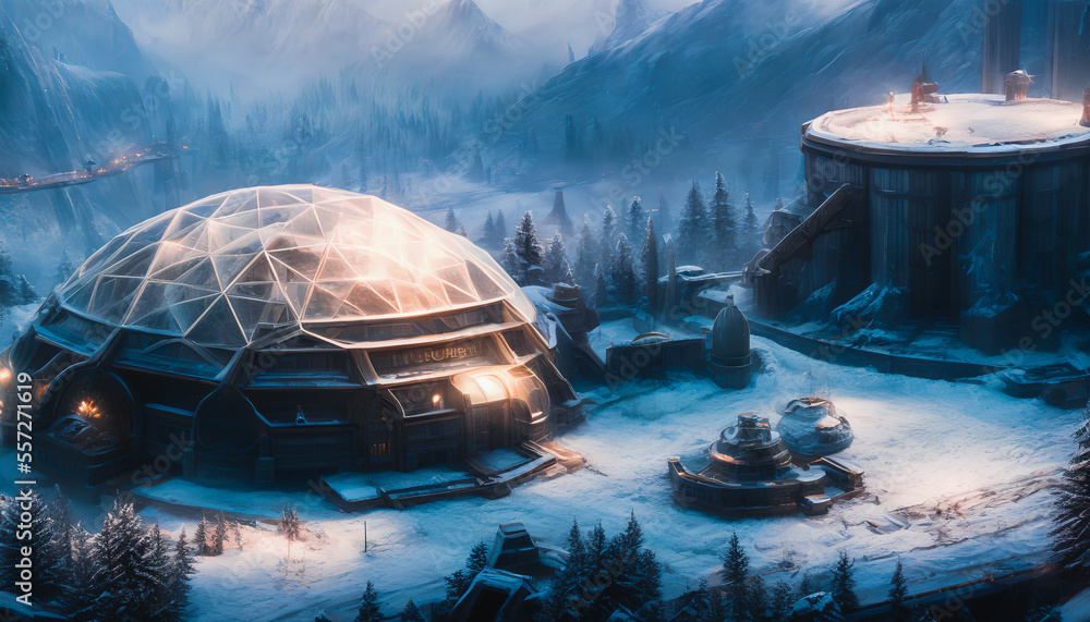 Colonized, icy planet with a vast, snowy landscape and towering ...