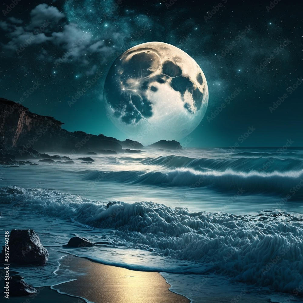 Coastal moonlight. Magical night on the sea coast, full blue moon and ...