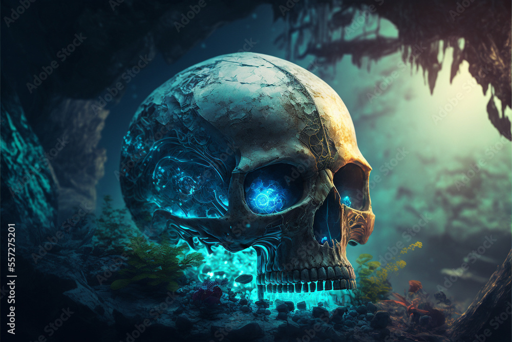 Mystical scary human skull and crossbones glowing in the dark ...