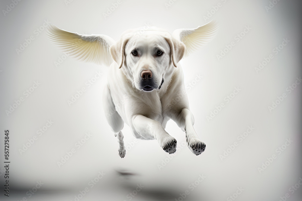 Flying. White studio background with a lonely young Labrador Retriever ...
