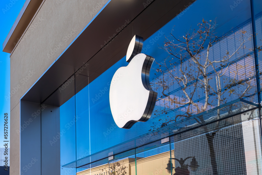 Apple Logo on Glass Storefront from lower right Stock Photo | Adobe Stock