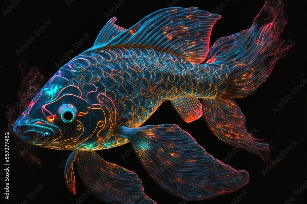 4K resolution or higher, koi fish made of neon light. Generative AI ...