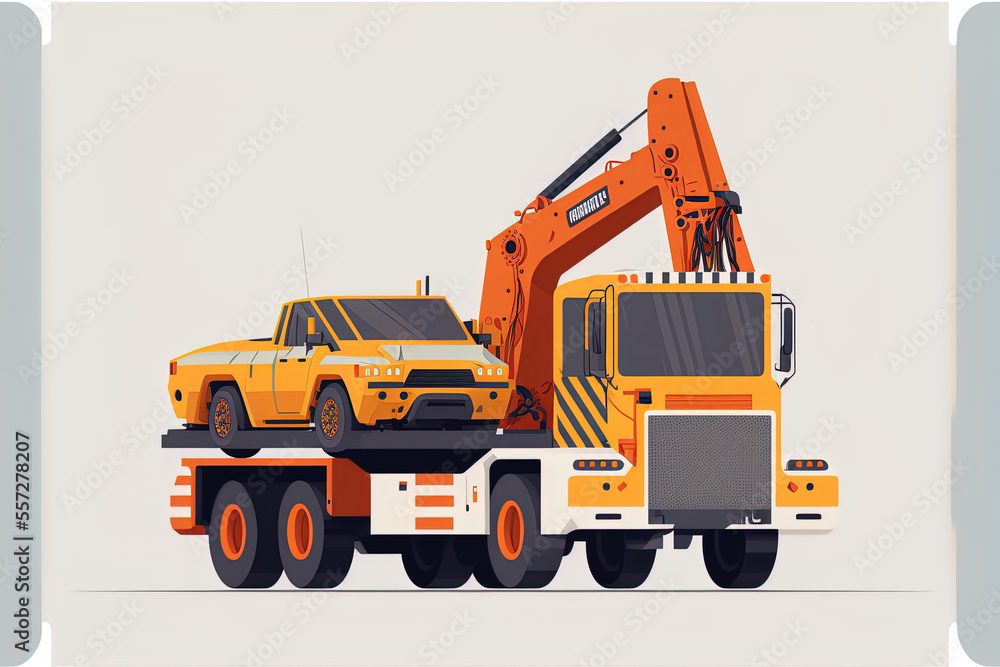 Cartoon like tow vehicle. Broken automobiles are being towed by a large ...