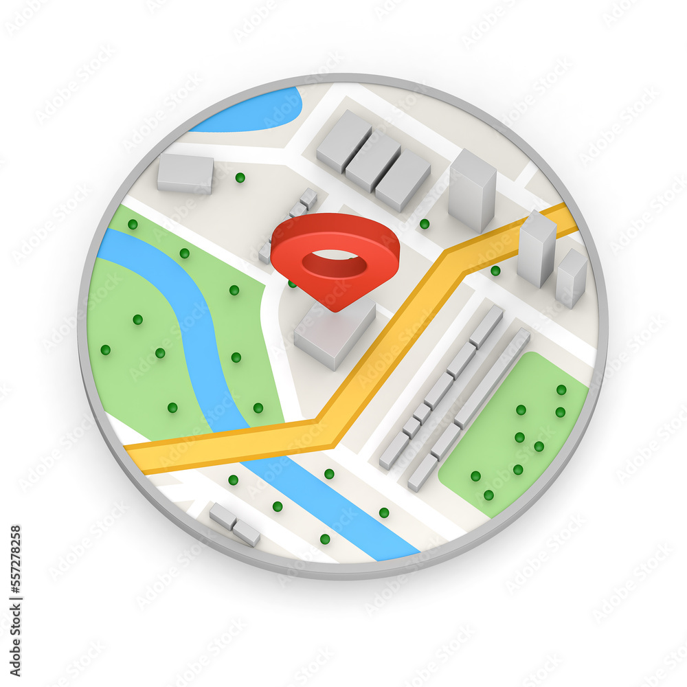 Red location pin sign icon and gps navigation map road direction with ...
