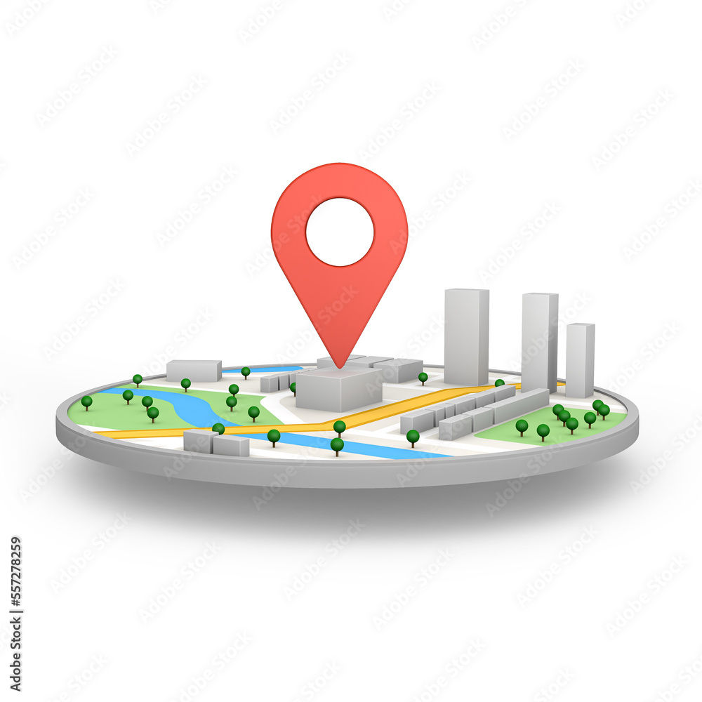 Red location pin sign icon and gps navigation map road direction with ...