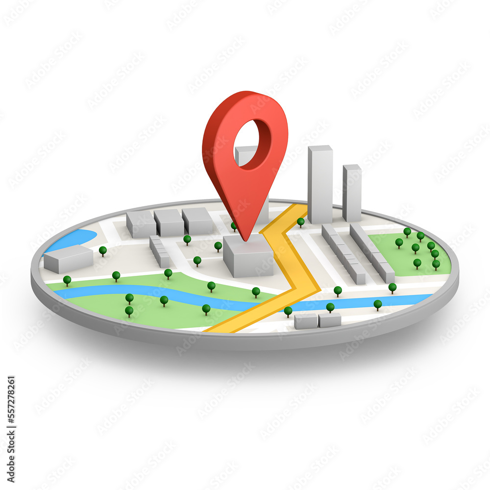 Red location pin sign icon and gps navigation map road direction with ...