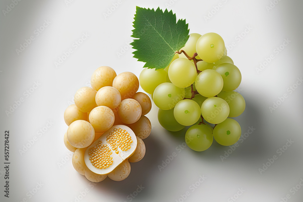 Shine Muscat grapes in various cuts and quantities are shown on a white ...