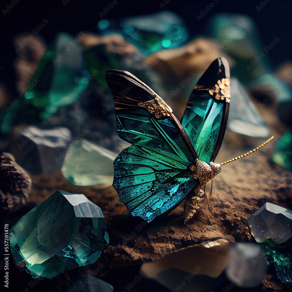 Butterfly of gemstones and crystals. Emerald or tourmaline green ...