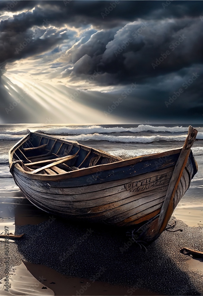 An old wrecked fishing boat rides on a deserted beach. An abandoned ...