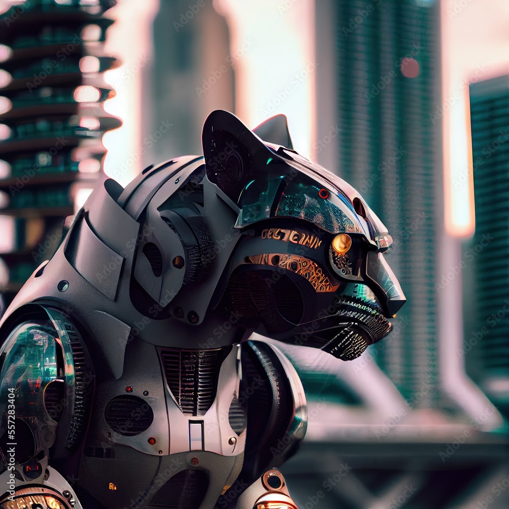 Portrait of a futuristic robot cat. An artistic abstract cyberpunk ...