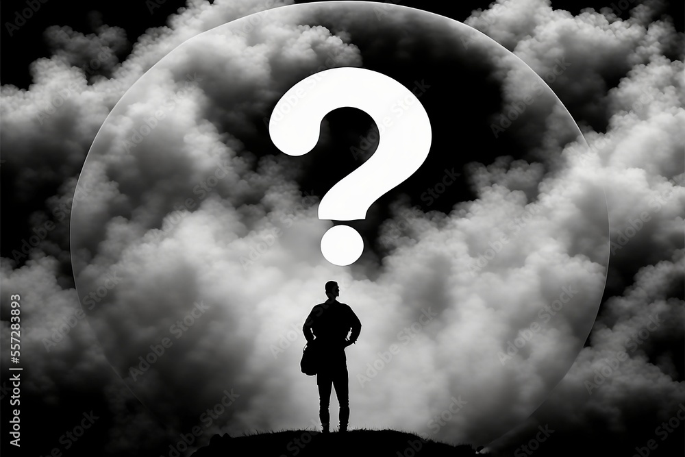 man with question mark over his head facing clouds and moon ...