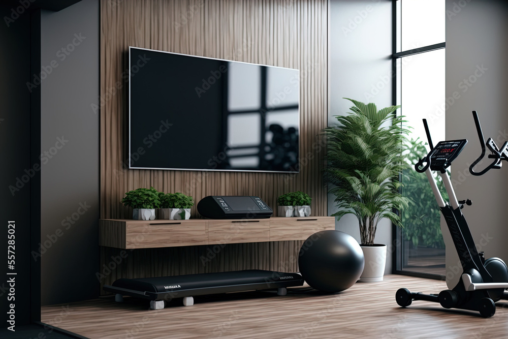 Interior of a modern home gym with sporting equipment, a mock up TV on ...