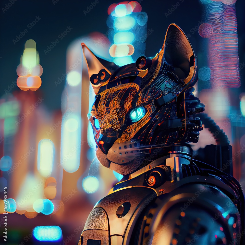 Portrait of a futuristic robot cat. An artistic abstract cyberpunk ...