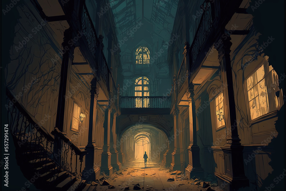 creepy interior of an abandoned building background, concept art ...