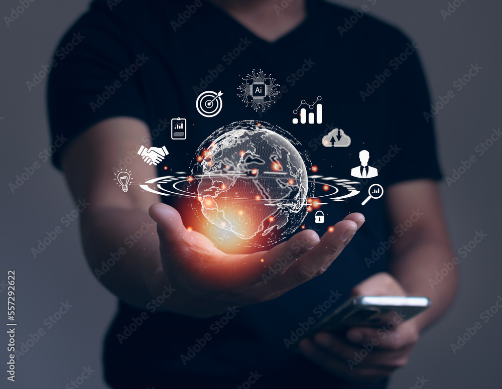 Digital transformation. Hand holding virtual Global Internet connection ...