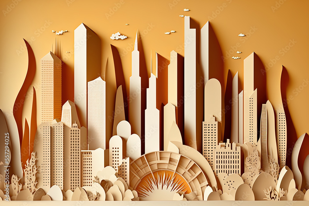 Large papercut cityscape image with contemporary skyscraper towers and ...