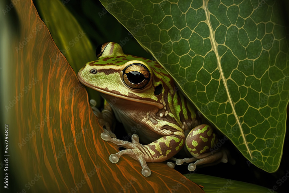 Close up of a young tiger legged tree frog on some leaves. Generative ...