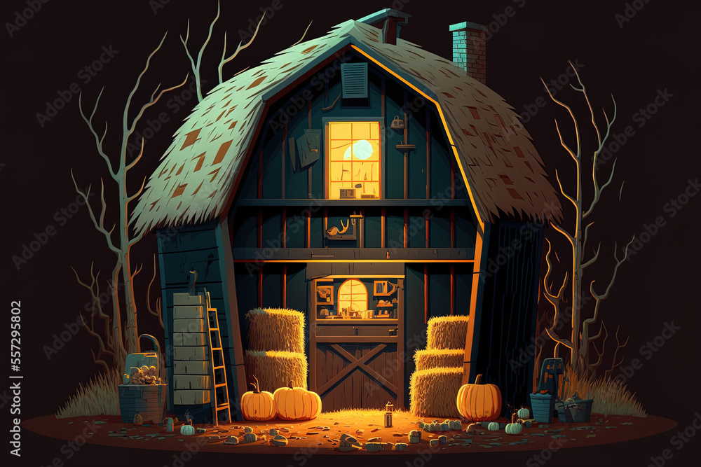 Farmyard barn at night with harvest, straw, and hay. Old wooden shed ...