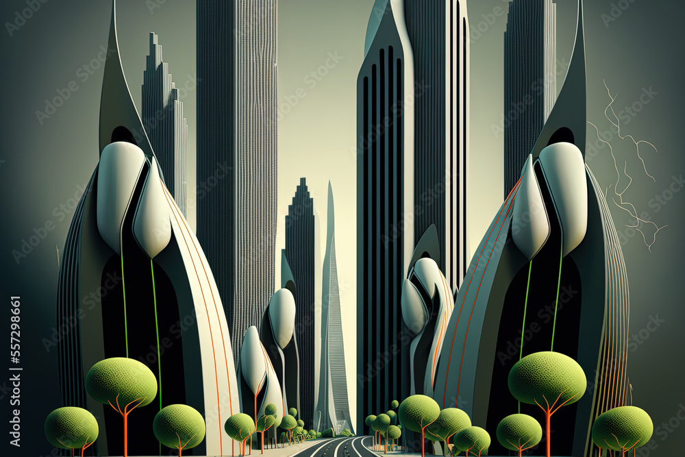 Future metropolis with oddly shaped glass structures and greenery ...