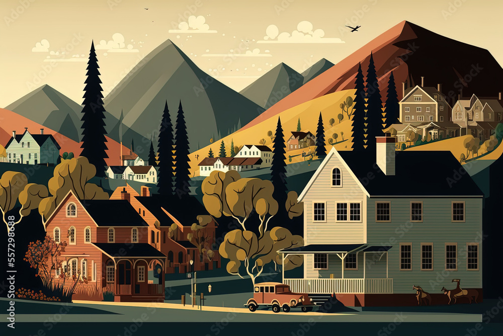 Stockillustratie rural and urban settings. Houses, trees, buildings ...