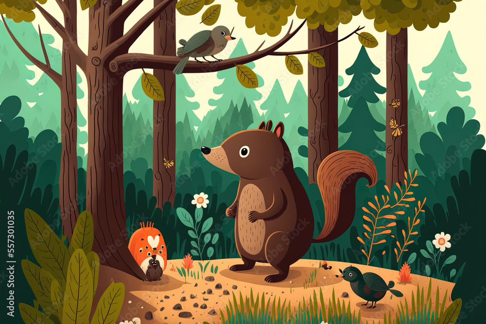 cartoon woodland creatures Illustration of a little child's backdrop ...