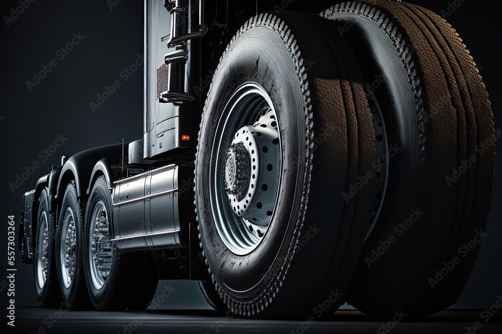 large semi truck wheels and tires on a dark background. truck tires ...
