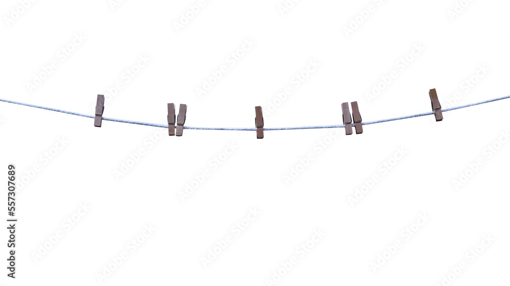 Blank wood clothes peg hang on brown string line isolated on white ...