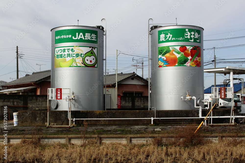 Foto de CHIBA, JAPAN - January 18, 2018: A pair of fuel storage tanks ...