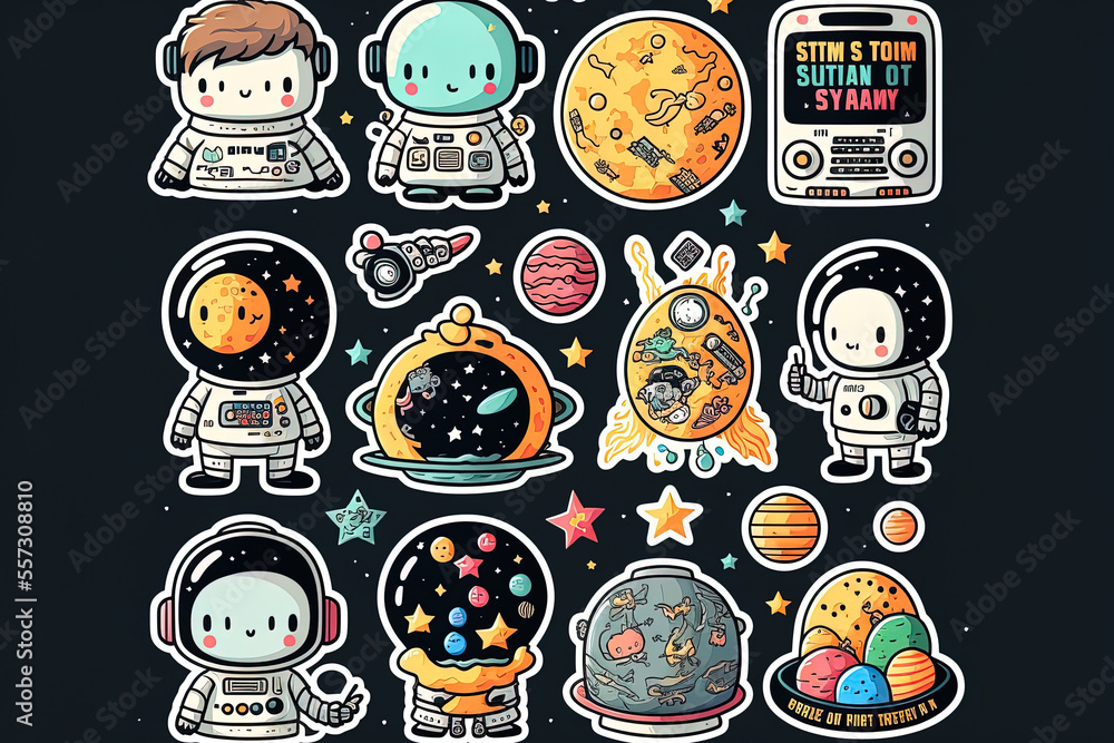 Space stickers and badges. Peaceful astronaut, spacecraft, rocket, and ...