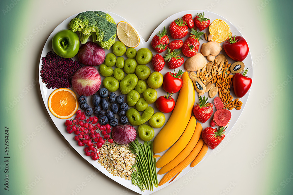 Healthy nutrition eating with fresh fruits and vegetables in heart ...
