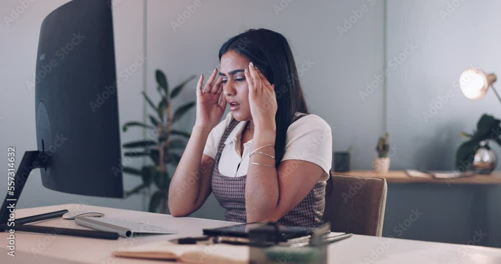 Business, computer and woman tired, burnout and headache with work ...