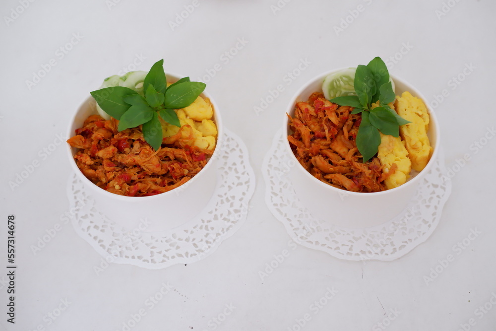 cup rice with minced spicy chicken and omelet Stock Photo | Adobe Stock