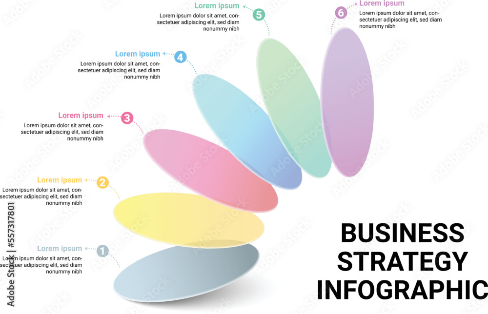 Circle shaped layer floating infographic template with 6 options, steps ...