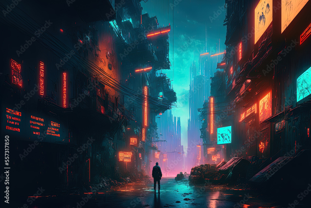 Future neon city. In a future metropolis, an industrial area. Cyberpunk ...