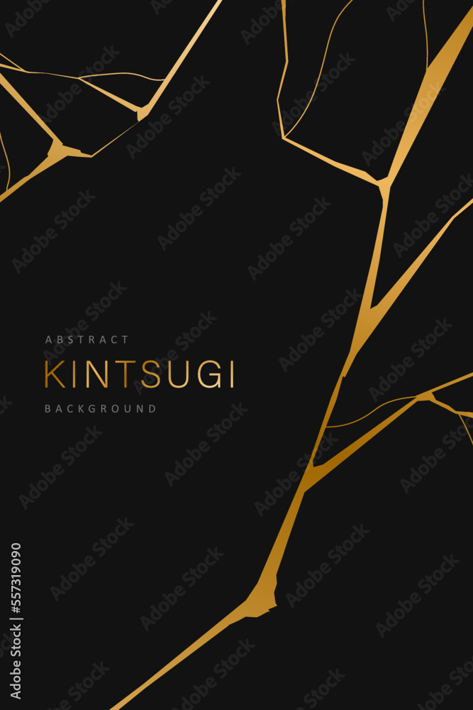 Poster with gold kintsugi on black background. Crack and broken effects. Marble texture. Luxury ...