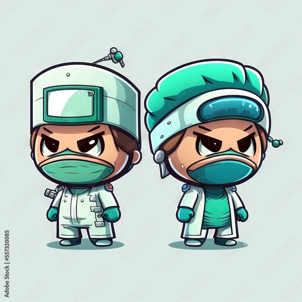 two cartoon characters wearing surgical gear and masks. Generative AI ...