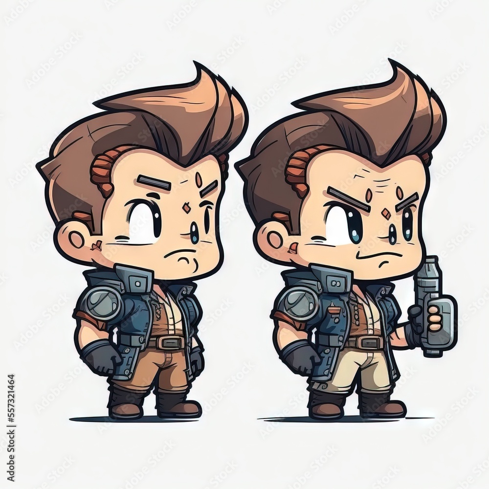 two cartoon characters with guns and a man with a gun in his hand and ...