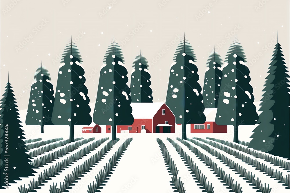 Christmas tree farm with rows of trees covered in snow, DIGITAL DRAWING ...