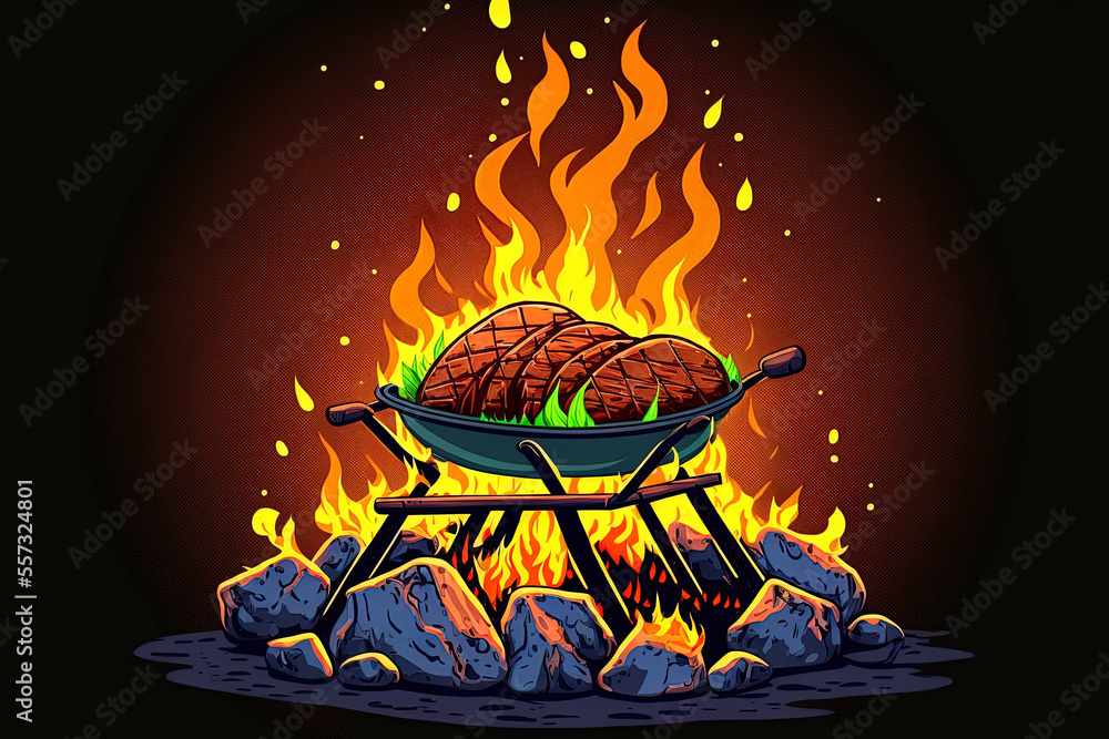 Cartoon grilling meat over a campfire with flames. Isolated Raster Hand ...