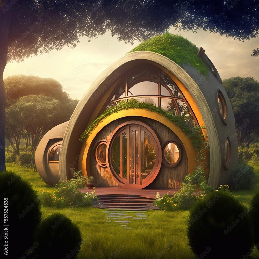 Modernes Hobbit Haus, made by AI, Ai-Art Stock Illustration | Adobe Stock