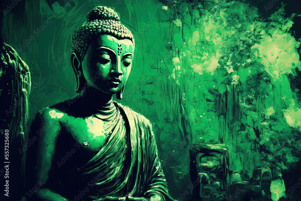 oil painting inspired green background wallpaper with a Buddha image ...