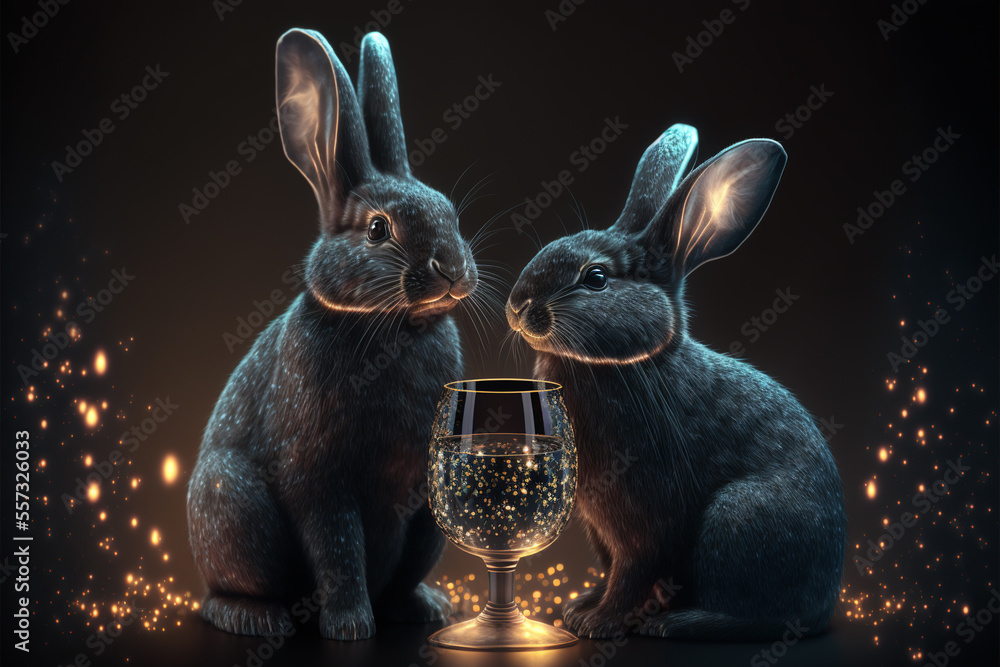 Cute black rabbits celebrating New Year 2023 and drinking Champagne ...