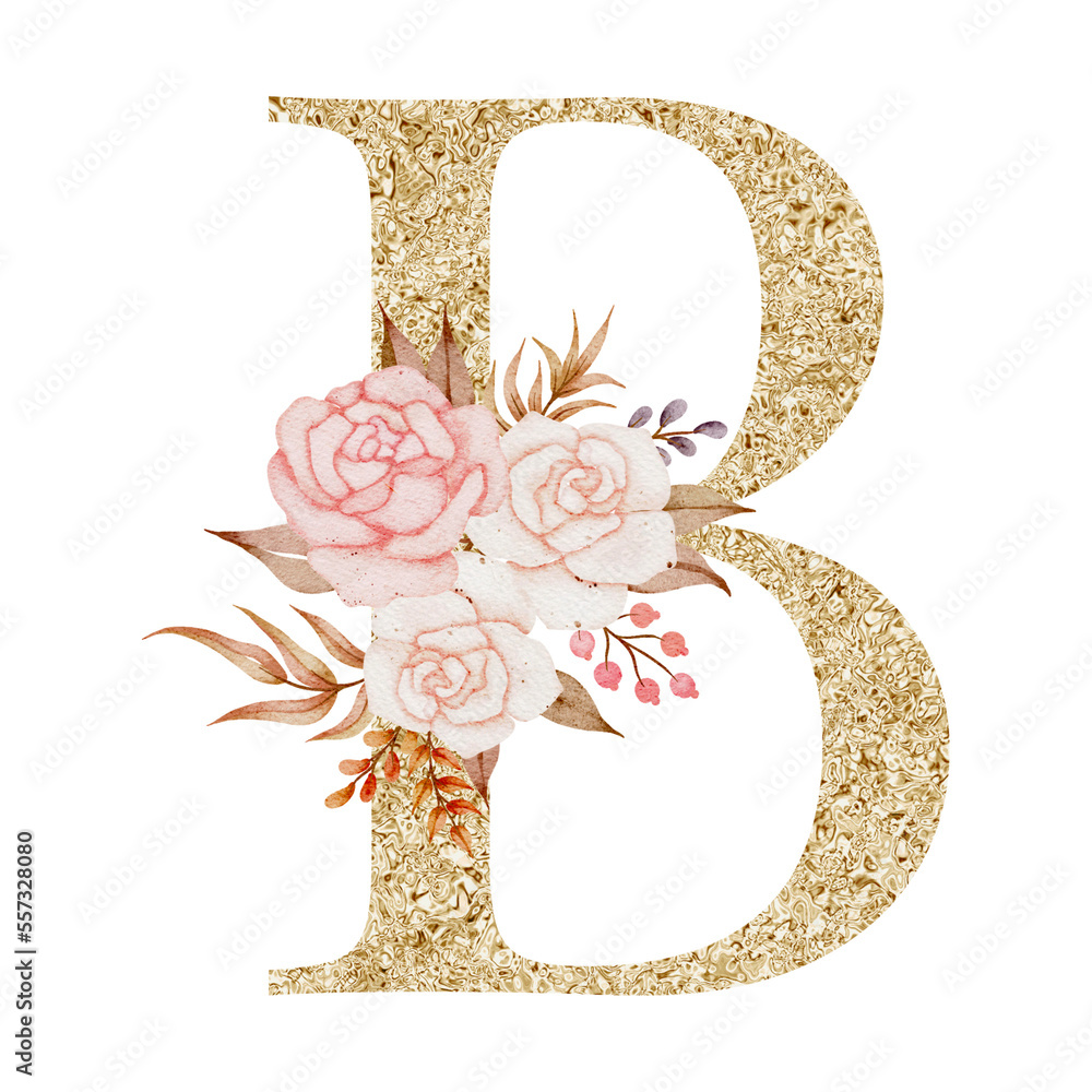 Floral alphabet, gold letter with watercolor flowers and leaf Stock ...