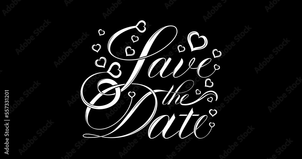 Save The Date Words Hand Written Custom Calligraphy Isolated On Black Elegant Ornate Lettering